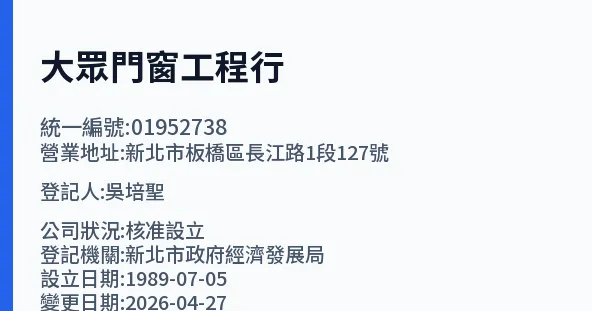 大眾門窗工程行的照片-統編 01952738(新北市) 公司登記資料與營業項目詳細圖表