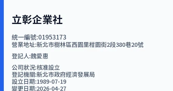 立彰企業社的照片-統編 01953173(新北市) 公司登記資料與營業項目詳細圖表