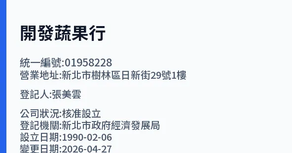 開發蔬果行的照片-統編 01958228(新北市) 公司登記資料與營業項目詳細圖表