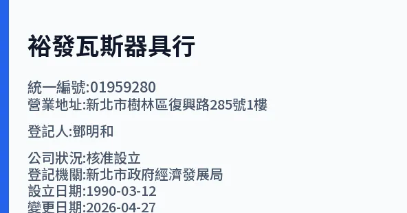裕發瓦斯器具行的照片-統編 01959280(新北市) 公司登記資料與營業項目詳細圖表