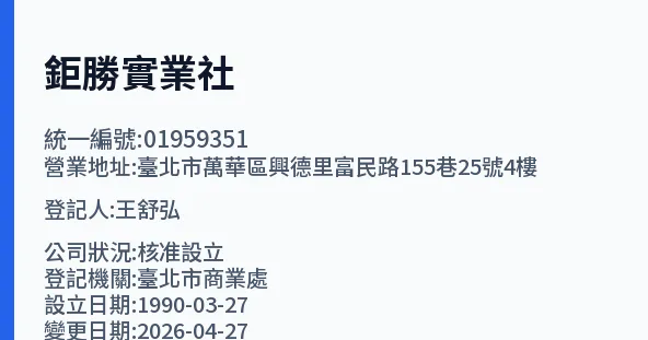 鉅勝實業社的照片-統編 01959351(臺北市) 公司登記資料與營業項目詳細圖表