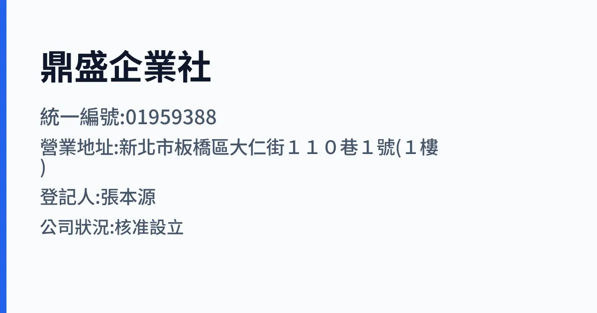 鼎盛企業社 - 統編 01959388(新北市) 公司登記資料與營業項目詳細圖表