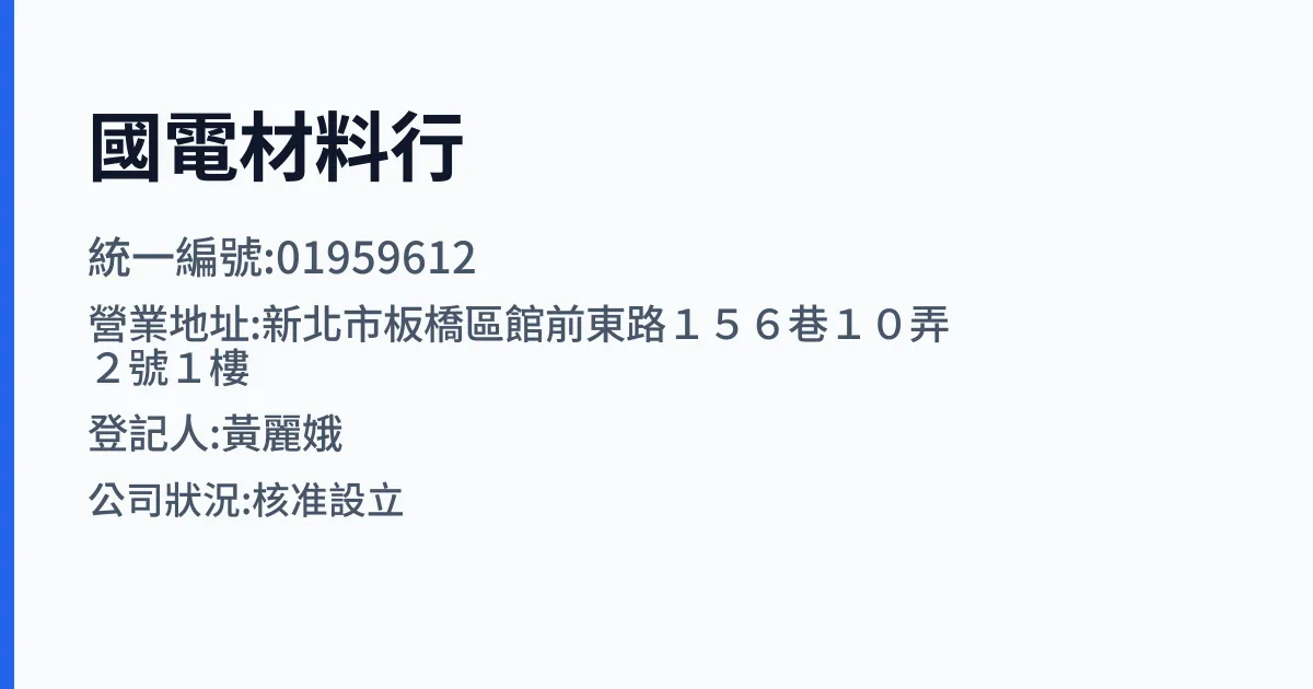 國電材料行 - 統編 01959612(新北市) 公司登記資料與營業項目詳細圖表