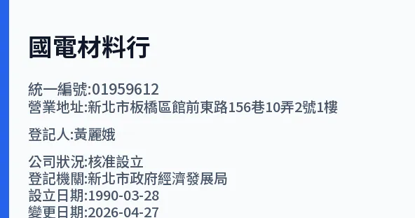 國電材料行的照片-統編 01959612(新北市) 公司登記資料與營業項目詳細圖表
