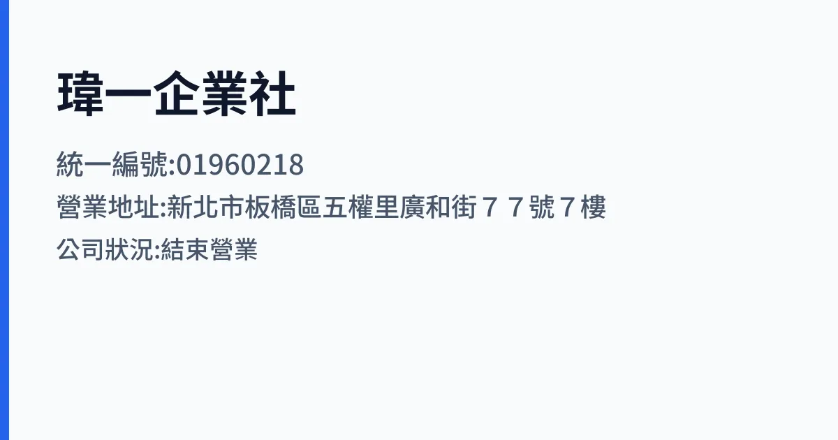 瑋一企業社 - 統編 01960218(新北市) 公司登記資料與營業項目詳細圖表