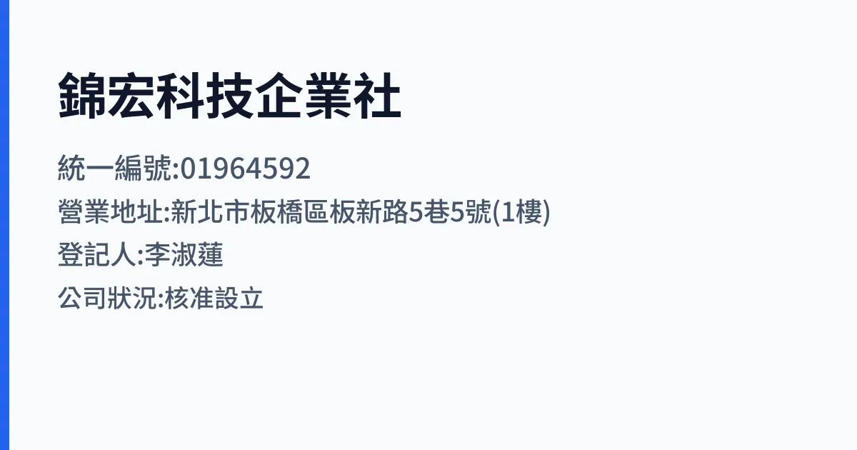 錦宏科技企業社 - 統編 01964592(新北市) 公司登記資料與營業項目詳細圖表