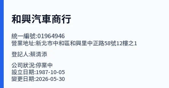 和興汽車商行的照片-統編 01964946(新北市) 公司登記資料與營業項目詳細圖表