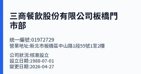 三商餐飲股份有限公司板橋門市部的照片-統編 01972729(新北市) 公司登記資料與營業項目詳細圖表