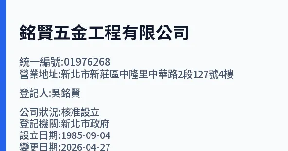 銘賢五金工程有限公司的照片-統編 01976268(新北市) 公司登記資料與營業項目詳細圖表