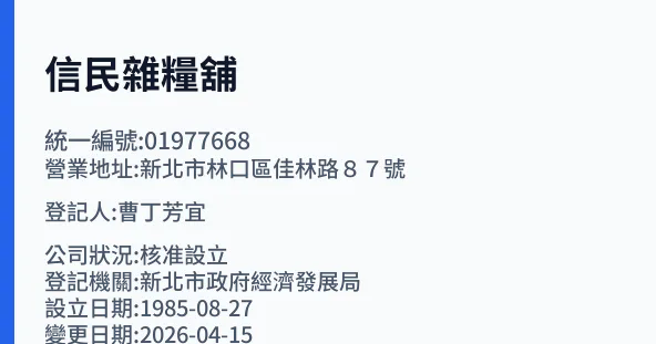 信民雜糧舖的照片-統編 01977668(新北市) 公司登記資料與營業項目詳細圖表