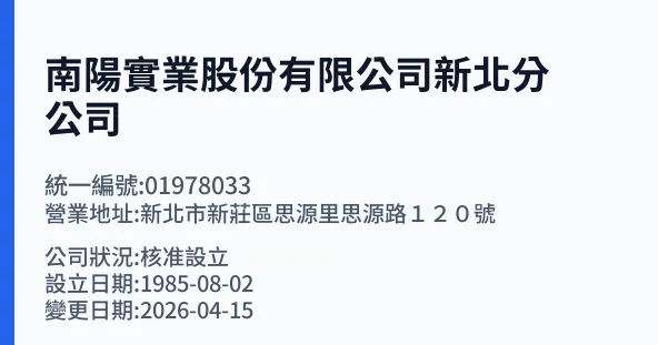 南陽實業股份有限公司新北分公司的照片-統編 01978033(新北市) 公司登記資料與營業項目詳細圖表
