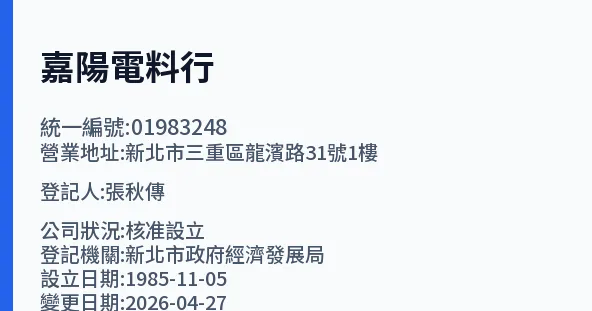 嘉陽電料行的照片-統編 01983248(新北市) 公司登記資料與營業項目詳細圖表