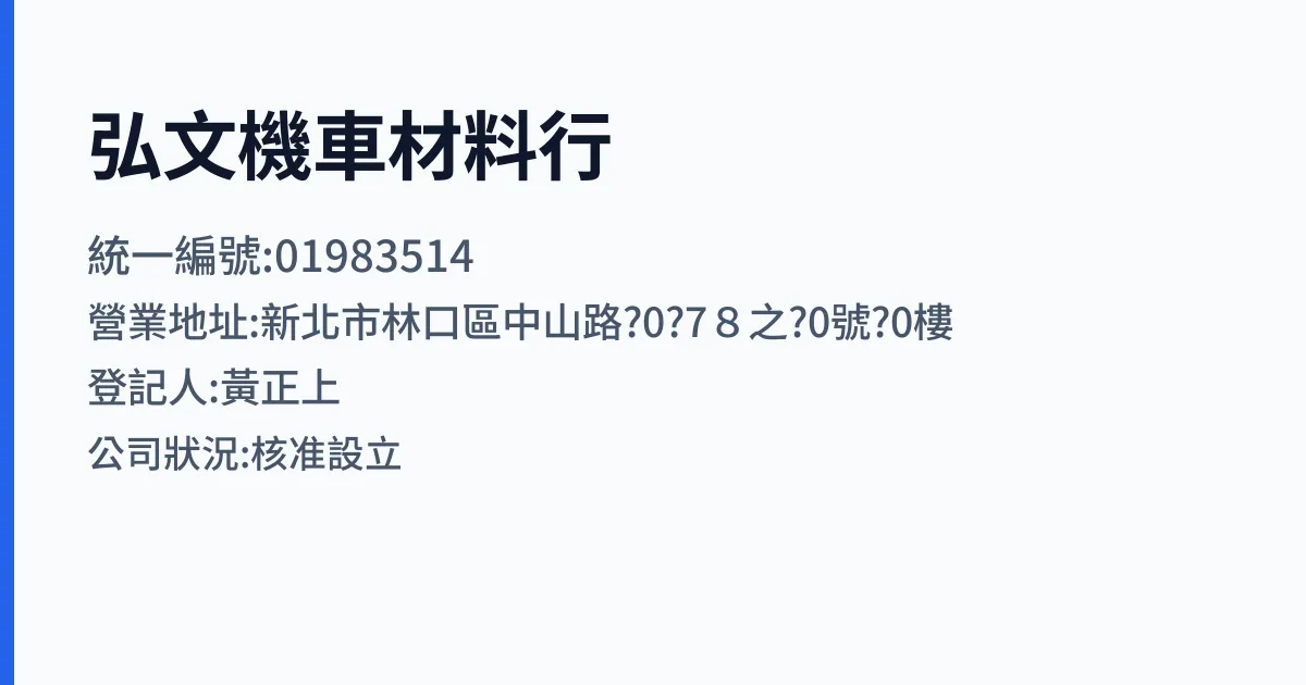 弘文機車材料行 - 統編 01983514(新北市) 公司登記資料與營業項目詳細圖表