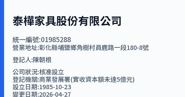 泰樺家具股份有限公司的照片-統編 01985288(彰化縣) 公司登記資料與營業項目詳細圖表