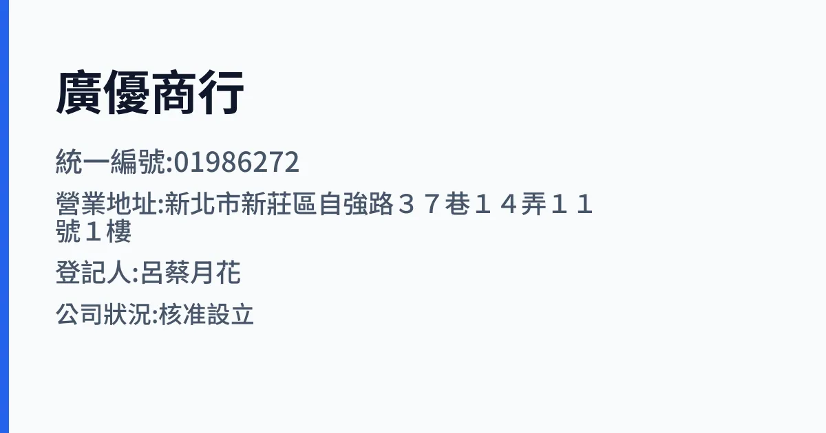 廣優商行 - 統編 01986272（新北市） 公司登記資料與營業項目詳細圖表
