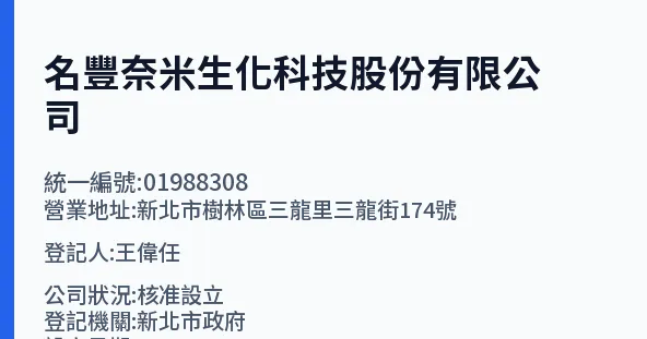 名豐奈米生化科技股份有限公司的照片-統編 01988308(新北市) 公司登記資料與營業項目詳細圖表