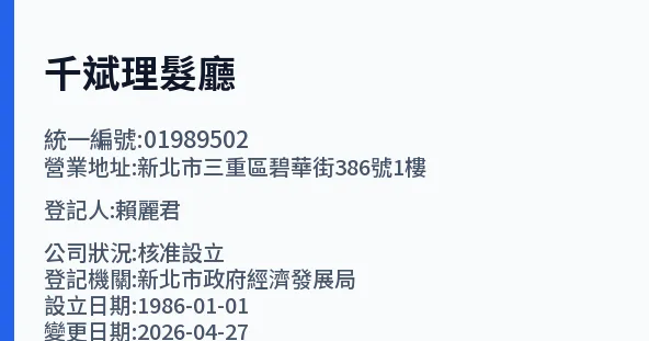 千斌理髮廳的照片-統編 01989502(新北市) 公司登記資料與營業項目詳細圖表