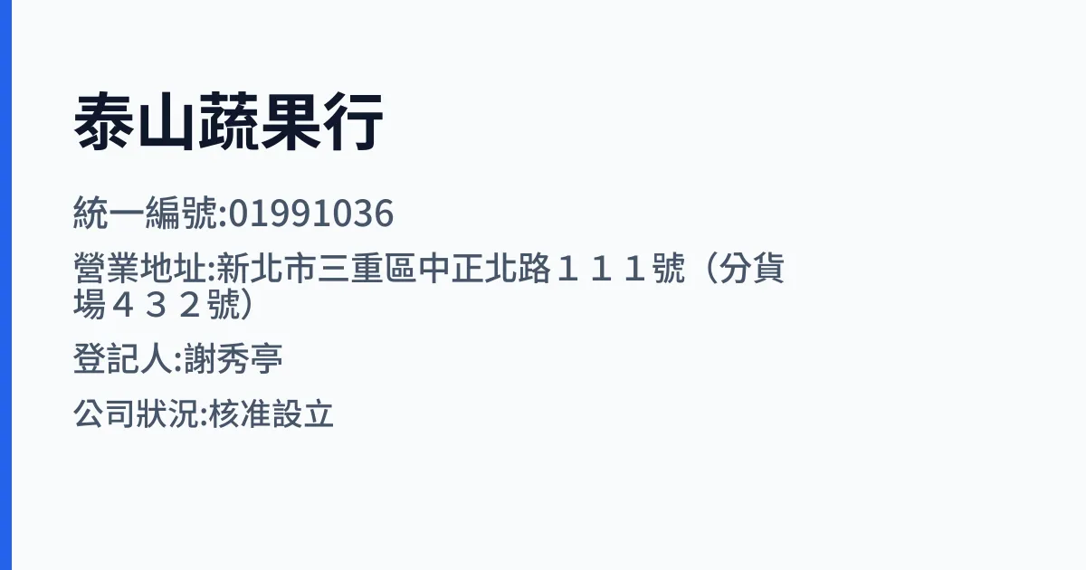 泰山蔬果行 - 統編 01991036（新北市） 公司登記資料與營業項目詳細圖表