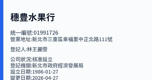 穗豊水果行的照片-統編 01991726(新北市) 公司登記資料與營業項目詳細圖表