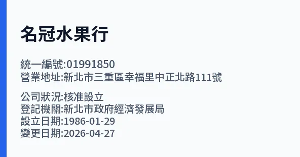 名冠水果行的照片-統編 01991850(新北市) 公司登記資料與營業項目詳細圖表