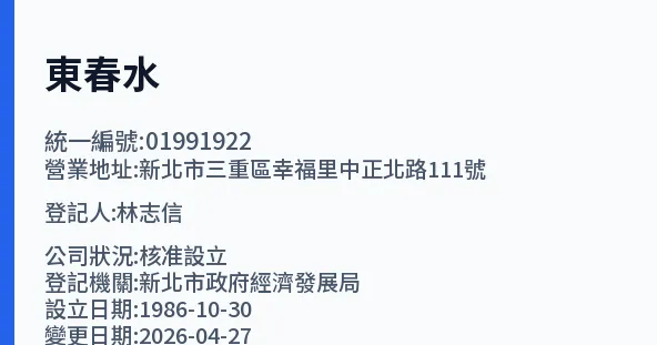 東春水的照片-統編 01991922(新北市) 公司登記資料與營業項目詳細圖表
