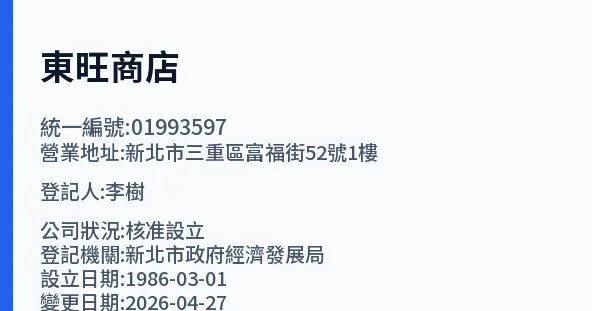東旺商店的照片-統編 01993597(新北市) 公司登記資料與營業項目詳細圖表