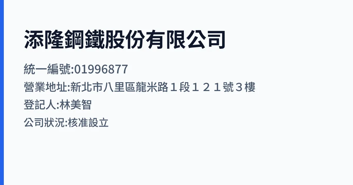 添隆鋼鐵股份有限公司 - 統編 01996877(新北市) 公司登記資料與營業項目詳細圖表