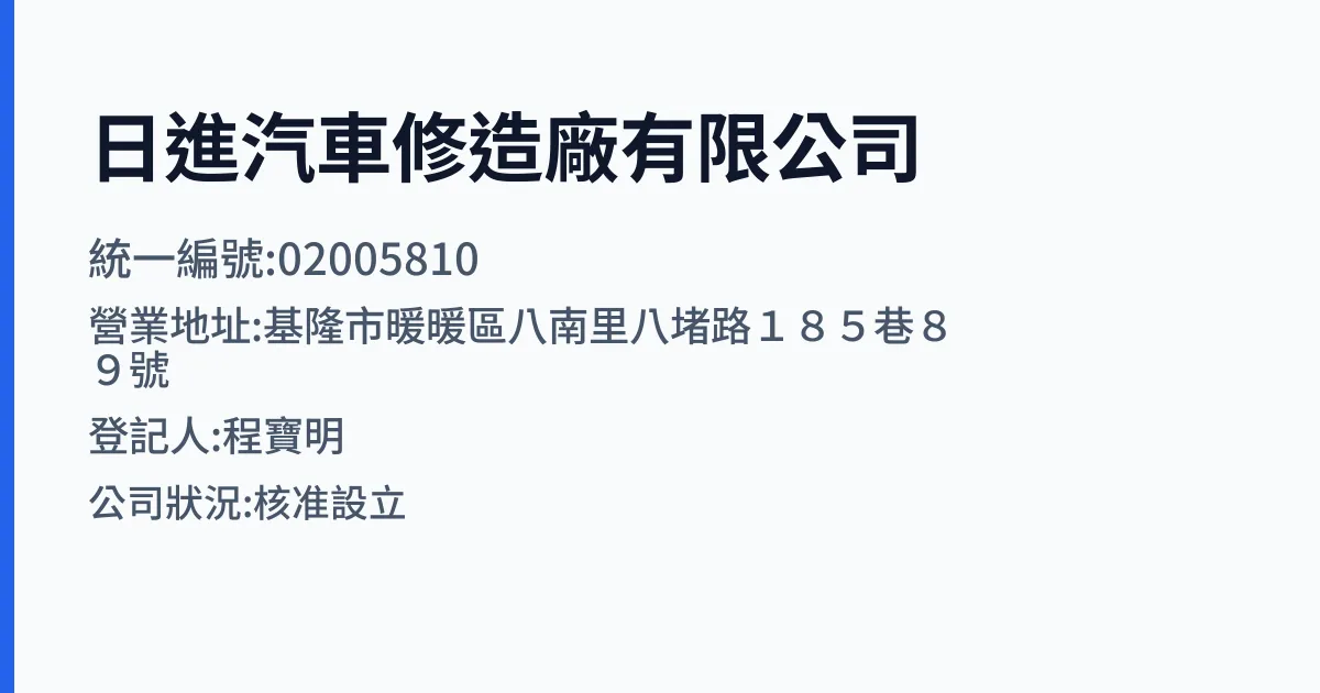 日進汽車修造廠有限公司 - 統編 02005810(基隆市) 公司登記資料與營業項目詳細圖表