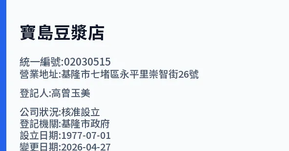 寶島豆漿店的照片-統編 02030515(基隆市) 公司登記資料與營業項目詳細圖表