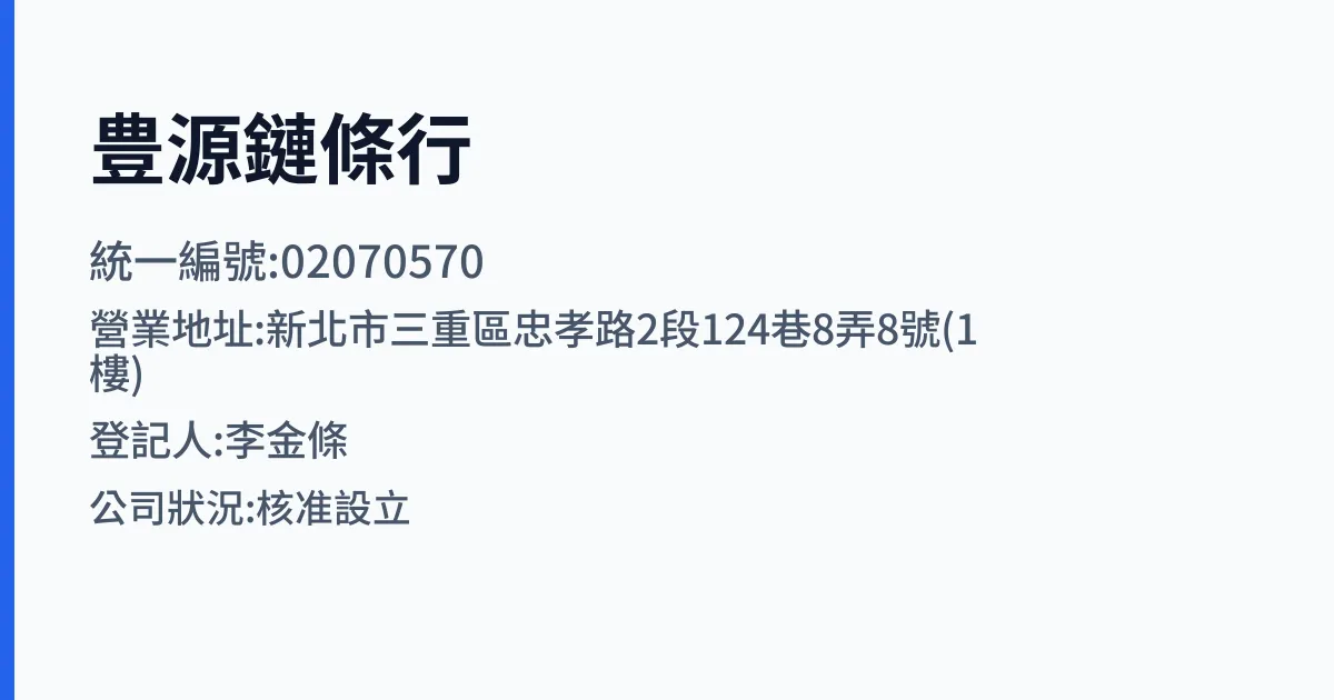 豊源鏈條行 - 統編 02070570(新北市) 公司登記資料與營業項目詳細圖表