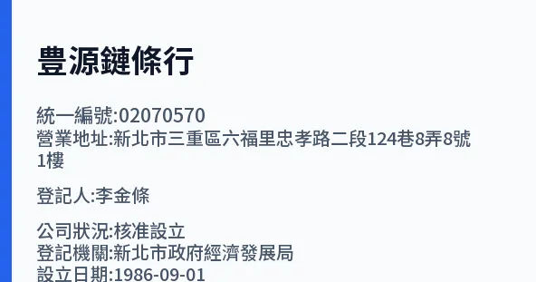 豊源鏈條行的照片-統編 02070570(新北市) 公司登記資料與營業項目詳細圖表