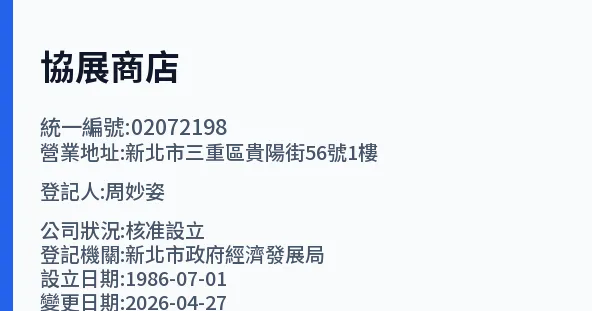 協展商店的照片-統編 02072198(新北市) 公司登記資料與營業項目詳細圖表