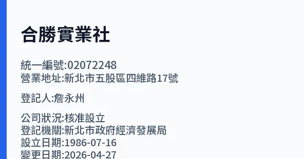 合勝實業社的照片-統編 02072248(新北市) 公司登記資料與營業項目詳細圖表