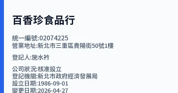 百香珍食品行的照片-統編 02074225(新北市) 公司登記資料與營業項目詳細圖表