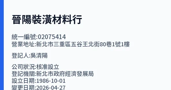 晉陽裝潢材料行的照片-統編 02075414(新北市) 公司登記資料與營業項目詳細圖表