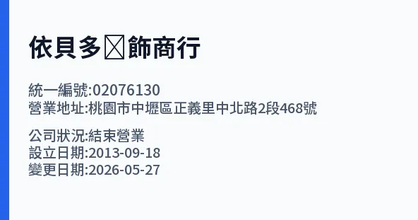 依貝多髪飾商行的照片-統編 02076130(桃園市) 公司登記資料與營業項目詳細圖表