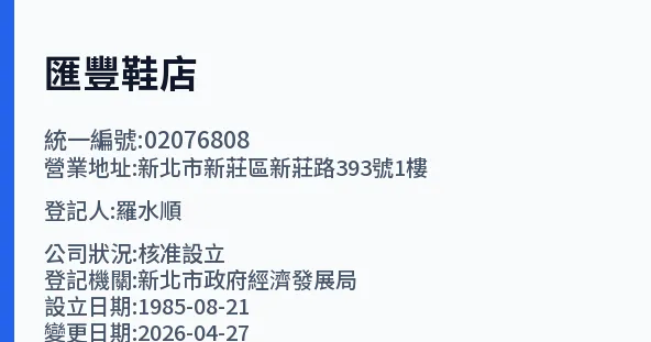 匯豐鞋店的照片-統編 02076808(新北市) 公司登記資料與營業項目詳細圖表