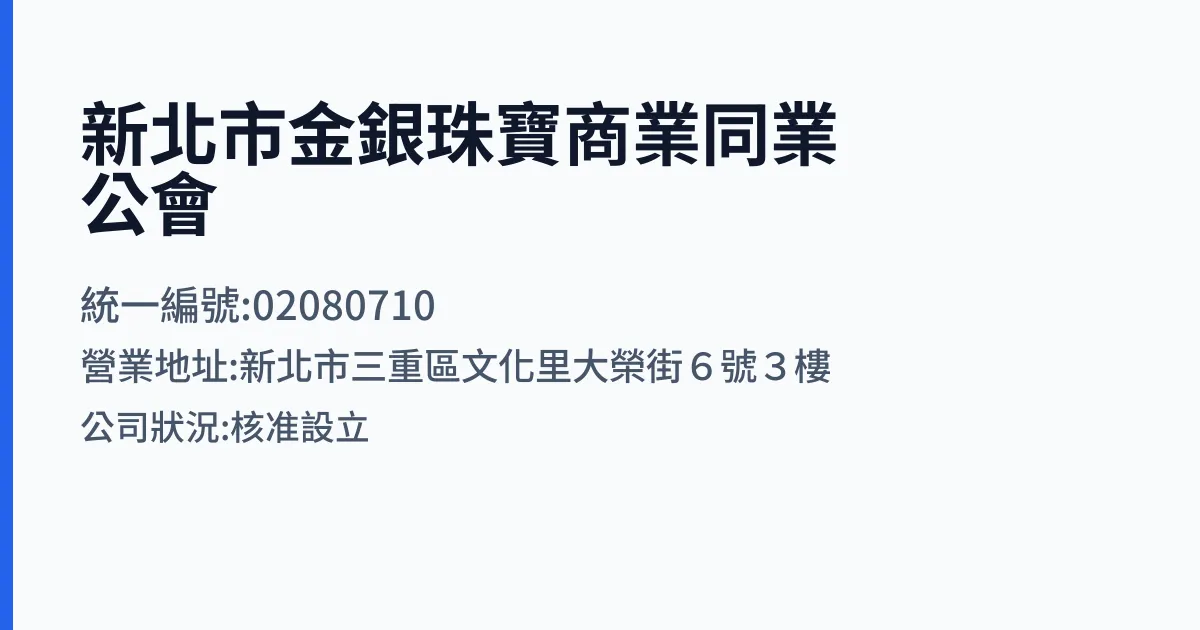 新北市金銀珠寶商業同業公會 - 統編 02080710(新北市) 公司登記資料與營業項目詳細圖表