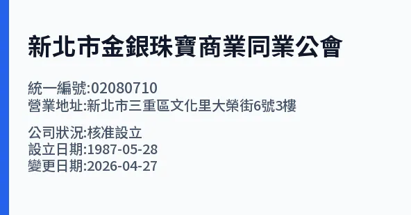 新北市金銀珠寶商業同業公會的照片-統編 02080710(新北市) 公司登記資料與營業項目詳細圖表