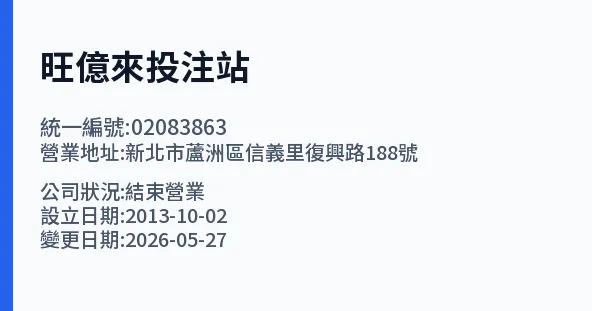 旺億來投注站的照片-統編 02083863(新北市) 公司登記資料與營業項目詳細圖表