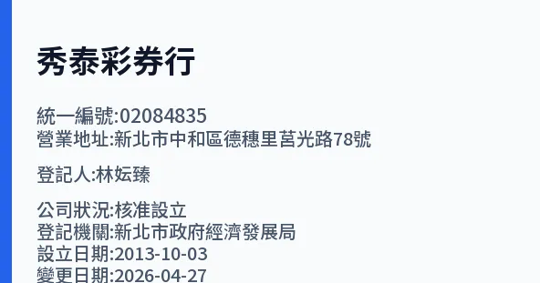 秀泰彩券行的照片-統編 02084835(新北市) 公司登記資料與營業項目詳細圖表