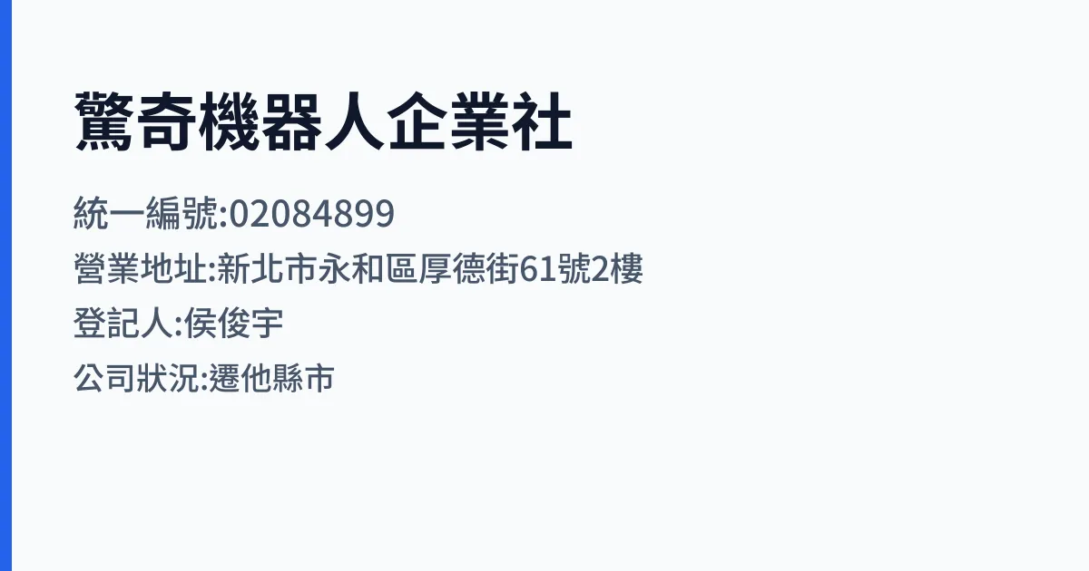 驚奇機器人企業社 - 統編 02084899（臺北市） 公司登記資料與營業項目詳細圖表