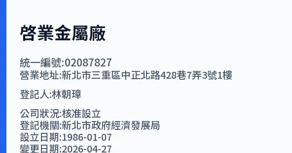 啓業金屬廠的照片-統編 02087827(新北市) 公司登記資料與營業項目詳細圖表