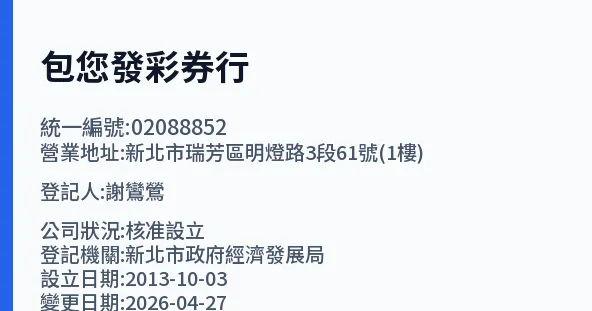 包您發彩券行的照片-統編 02088852(新北市) 公司登記資料與營業項目詳細圖表