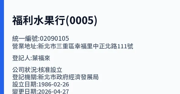 福利水果行(0005)的照片-統編 02090105(新北市) 公司登記資料與營業項目詳細圖表