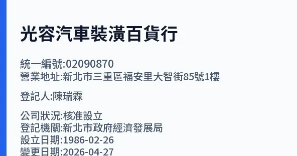 光容汽車裝潢百貨行的照片-統編 02090870(新北市) 公司登記資料與營業項目詳細圖表