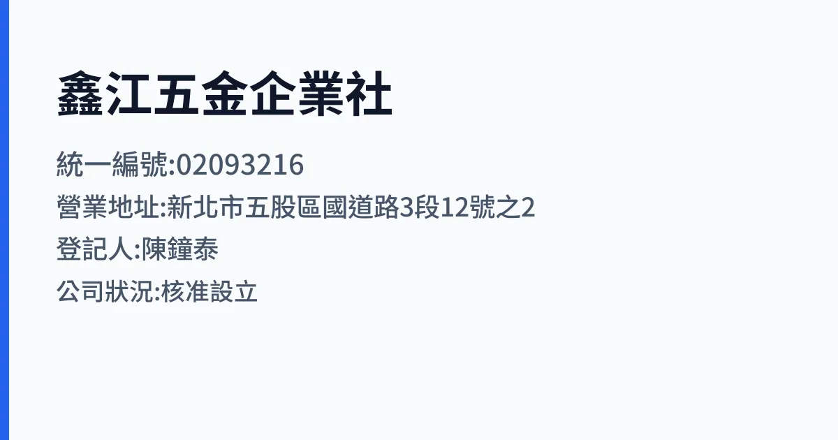 鑫江五金企業社 - 統編 02093216(新北市) 公司登記資料與營業項目詳細圖表