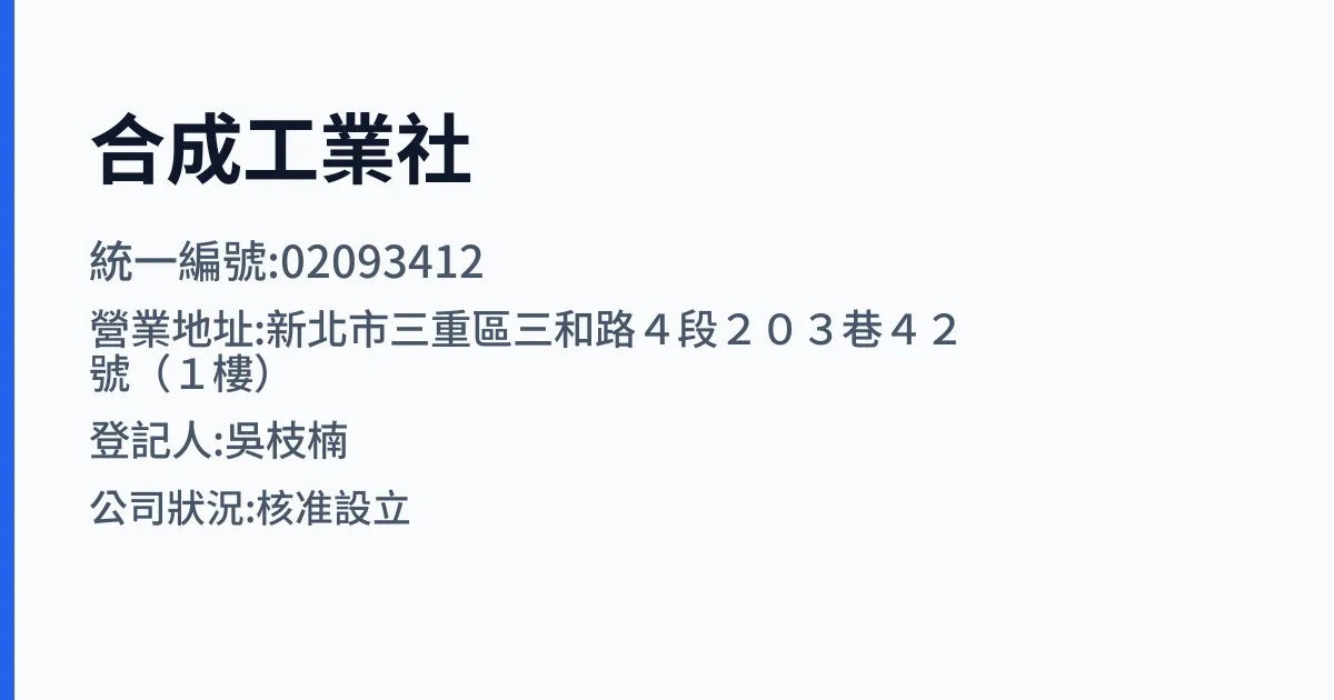 合成工業社 - 統編 02093412(新北市) 公司登記資料與營業項目詳細圖表
