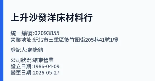 上升沙發洋床材料行的照片-統編 02093855(新北市) 公司登記資料與營業項目詳細圖表