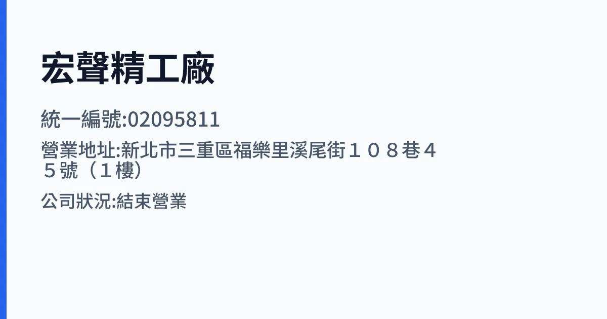 宏聲精工廠 - 統編 02095811(新北市) 公司登記資料與營業項目詳細圖表